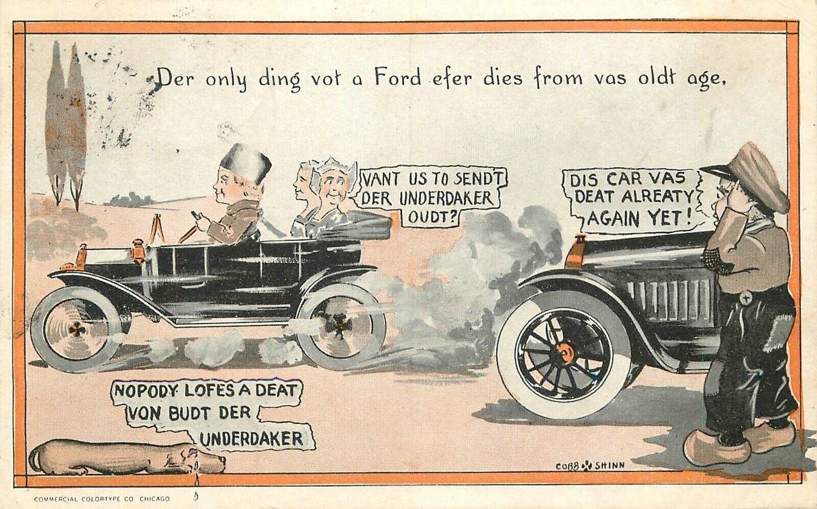 Postcard 1916 Cobb Shinn Ford Model T Dachshund Dog Dutch comic humor ...