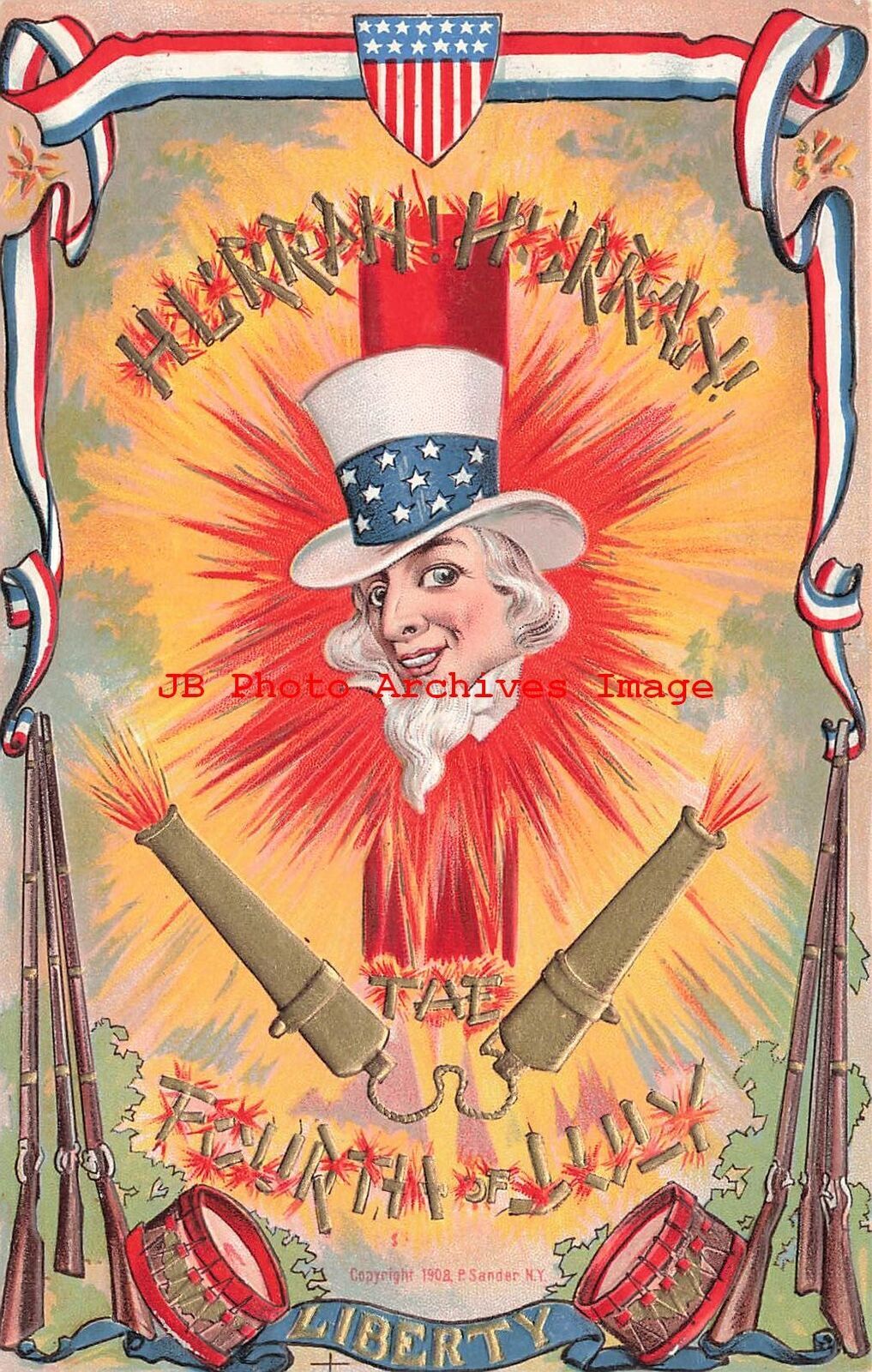 July 4th, IPC No IPC02-2, P. Sander, Uncle Sam with Fireworks & Cannons ...