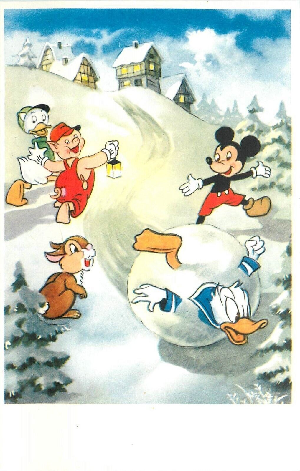 Postcard 1960s Disney Mickey Mouse Donald Duck Winter Fun comic humor ...