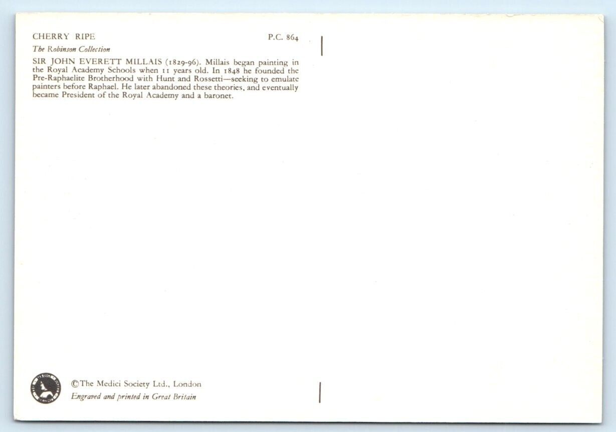 Cherry Ripe artist Sir John Everett Millais ENGLAND UK 4x6 Postcard ...