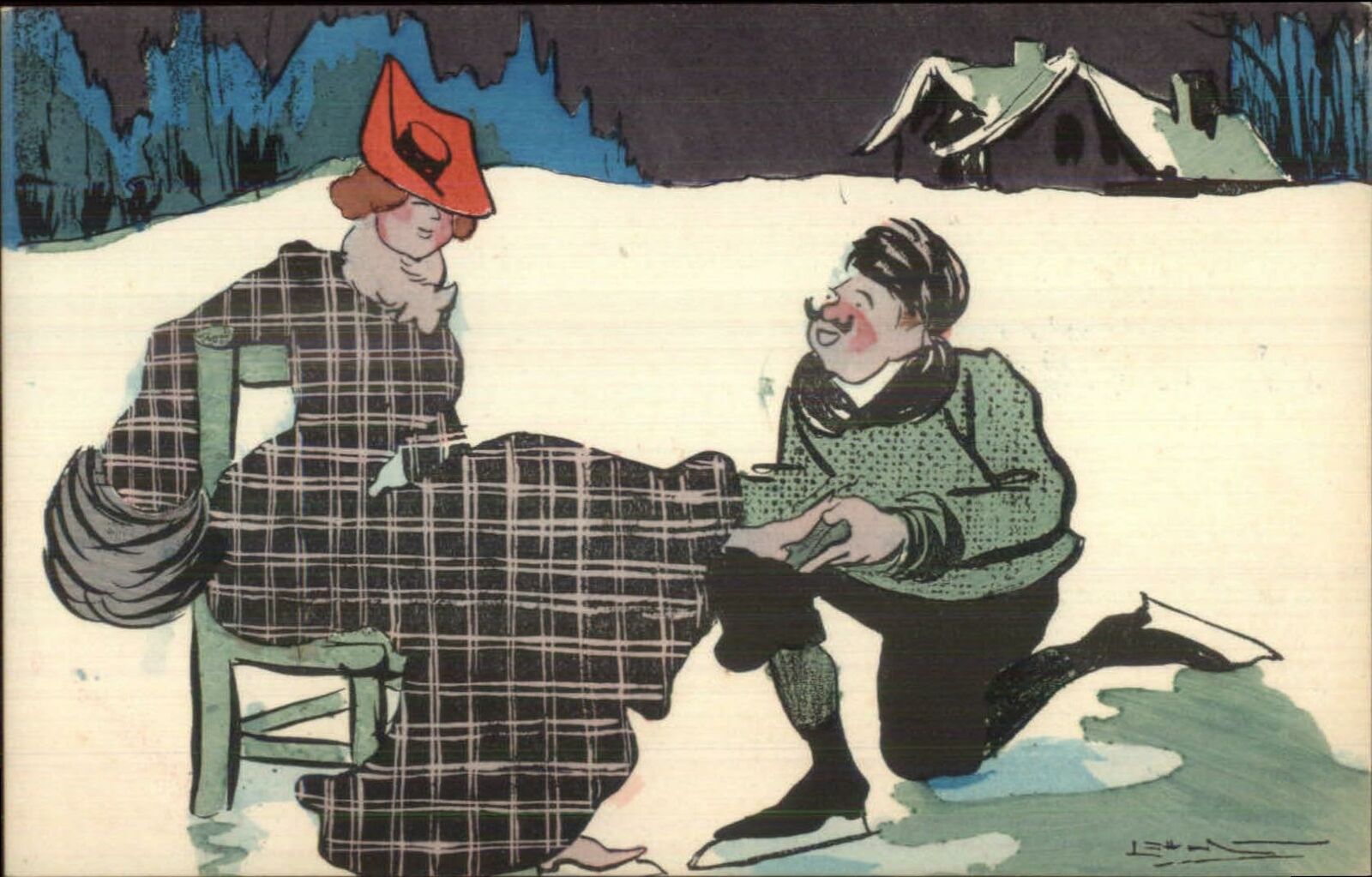 Great Art Deco Ice Skating Couple Man Puts on Skate c1900 Postcard ...