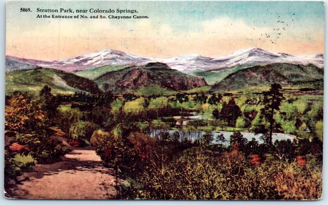 Postcard - Stratton Park, At the Entrance of No. and So. Cheyenne Cañon ...