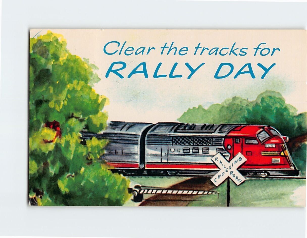 Postcard - Clear the tracks for Rally Day with Train Railroad Crossing ...