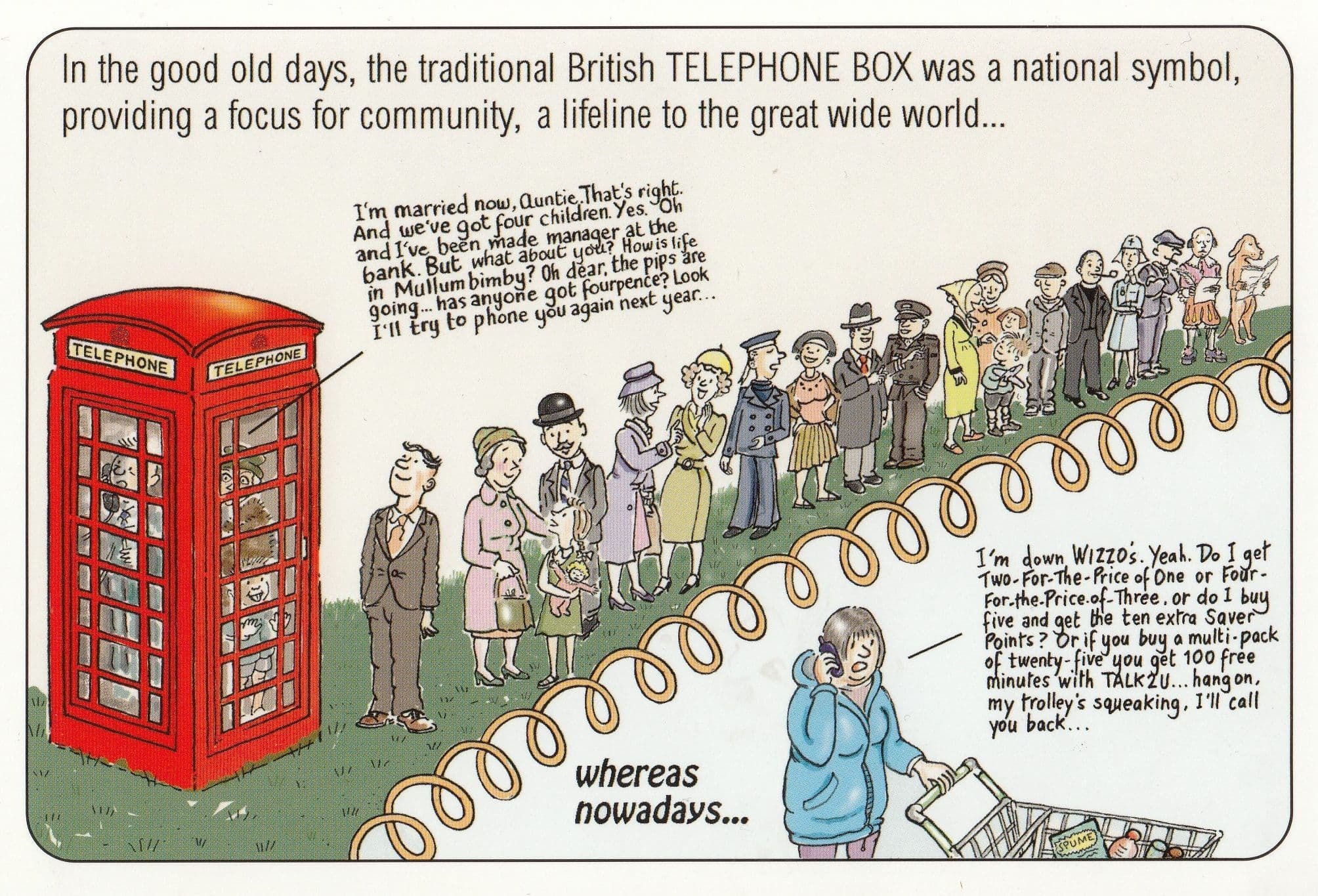 British 1980s Telephone Box Queue Supermarket Trolley Comic Postcard ...