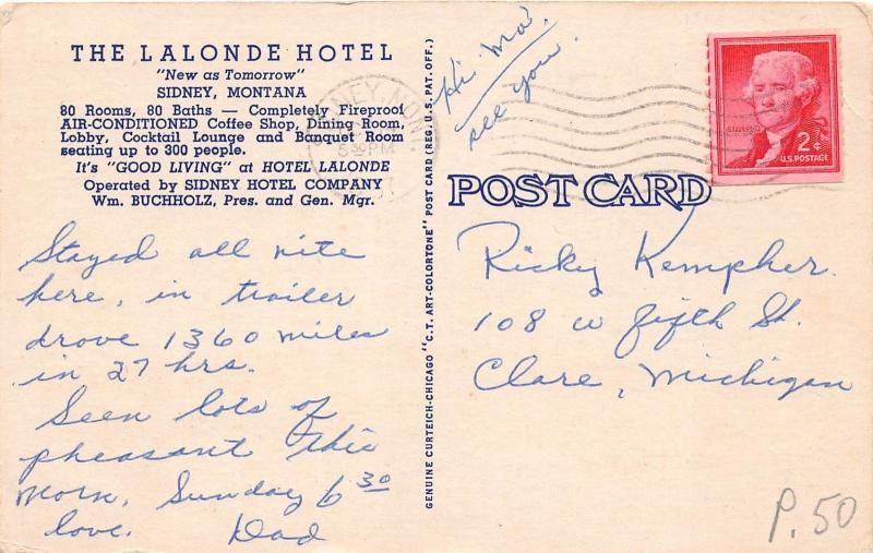 C76/ Sidney Montana Mt Postcard 1937 Linen The Lalonde Hotel Building ...