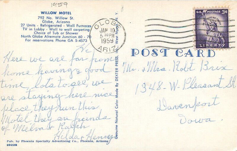 Arizona Globe Willow Motel 1959 Roadside autos interior Dexter Postcard ...