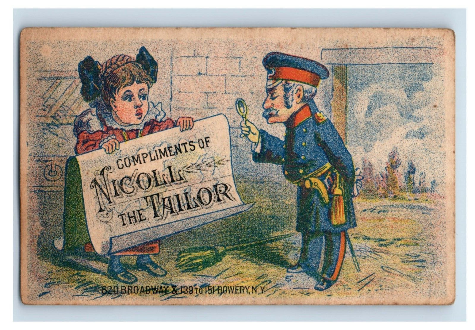 1880s Nicoll The Tailor Foreign Goods Street Scene Lady Sign Military ...