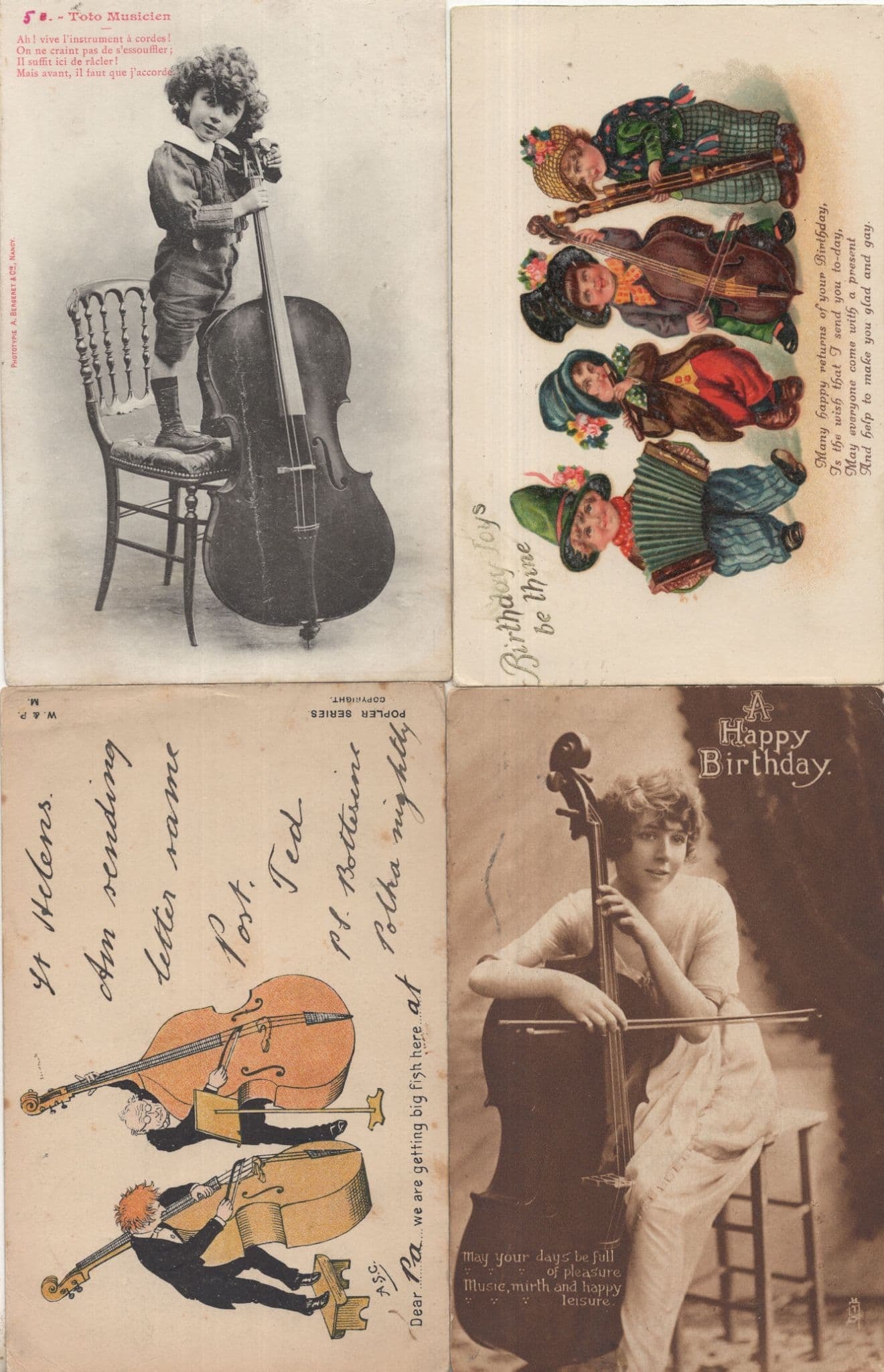 Cello Tiny Child Lady Glamour Dwarfs Big Fish 4x Old Music Postcard s ...