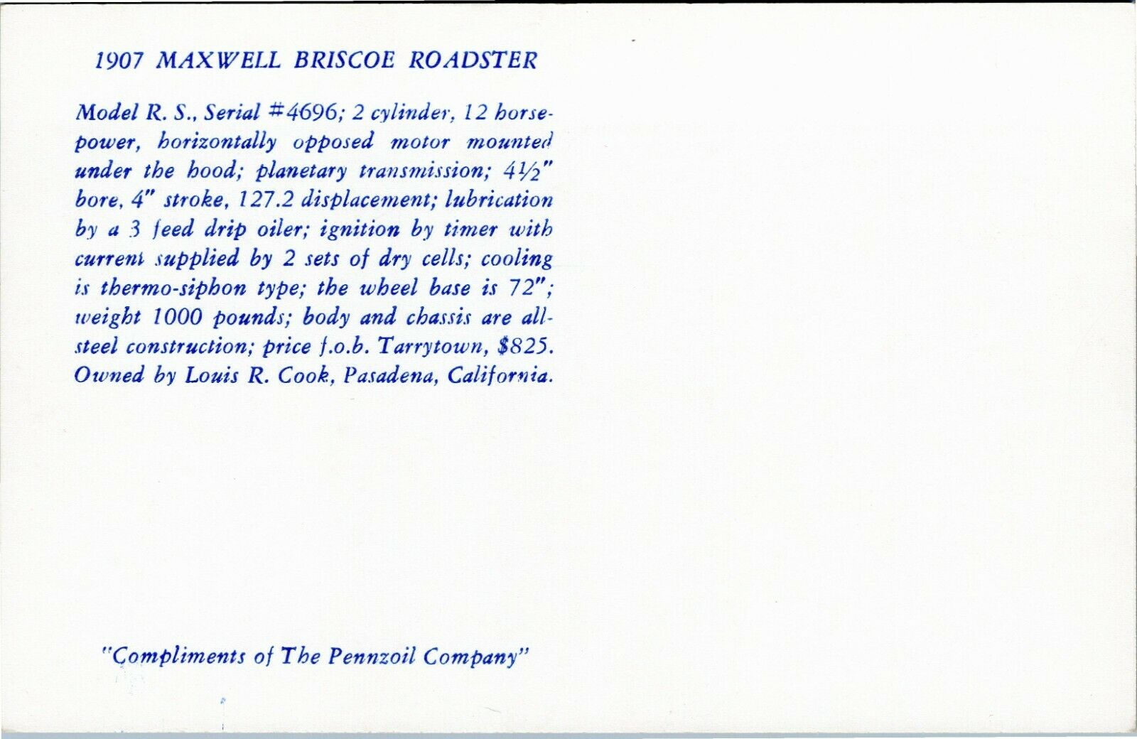 postcard 1907 Maxwell Briscoe Roadster - Compliments of The Pennzoil ...