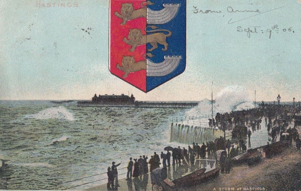 Hastings Shield Heraldry Storm At Sea in 1906 Antique Postcard | Europe ...