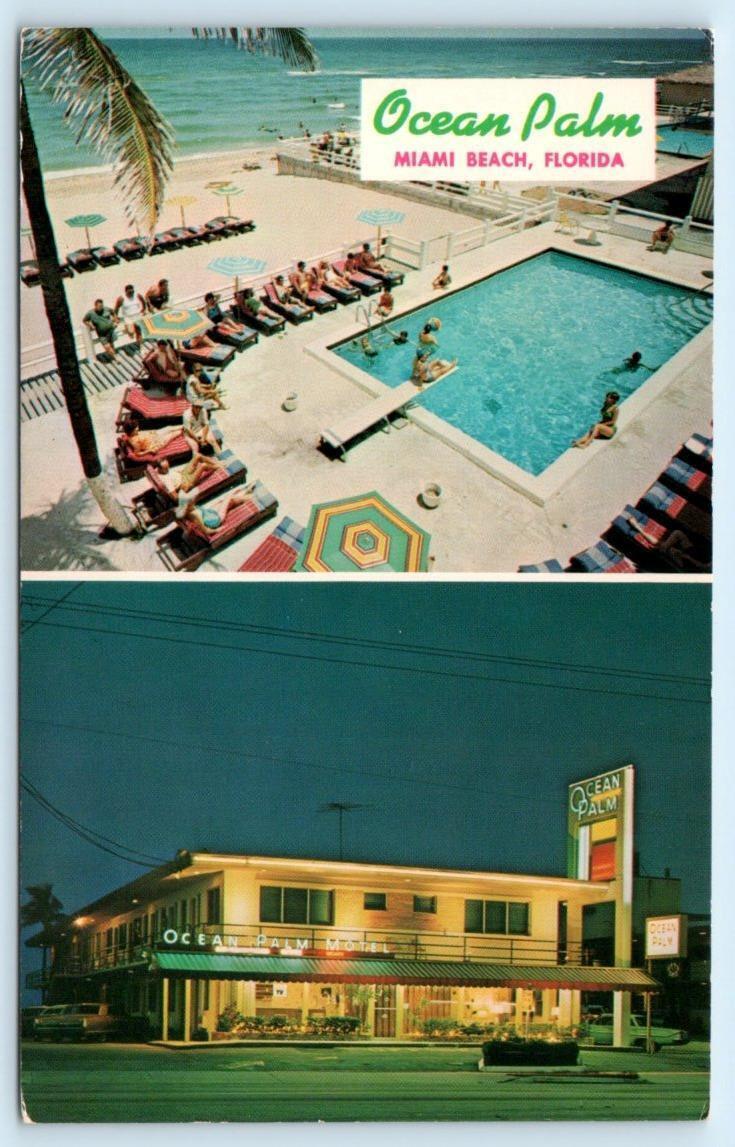 MIAMI BEACH, Florida FL ~ Roadside OCEAN PALM MOTEL Night/Pool c1960s ...