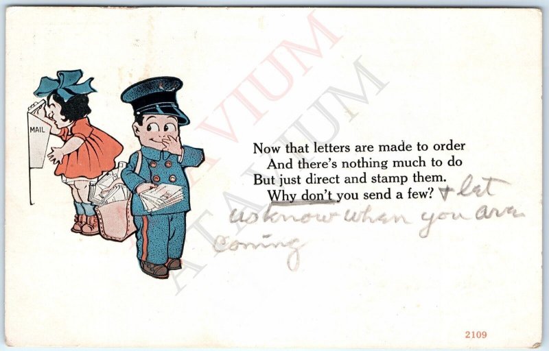 c1910s Cute Mailman Woman Check Mailbox Children Illustrated Art Comic ...