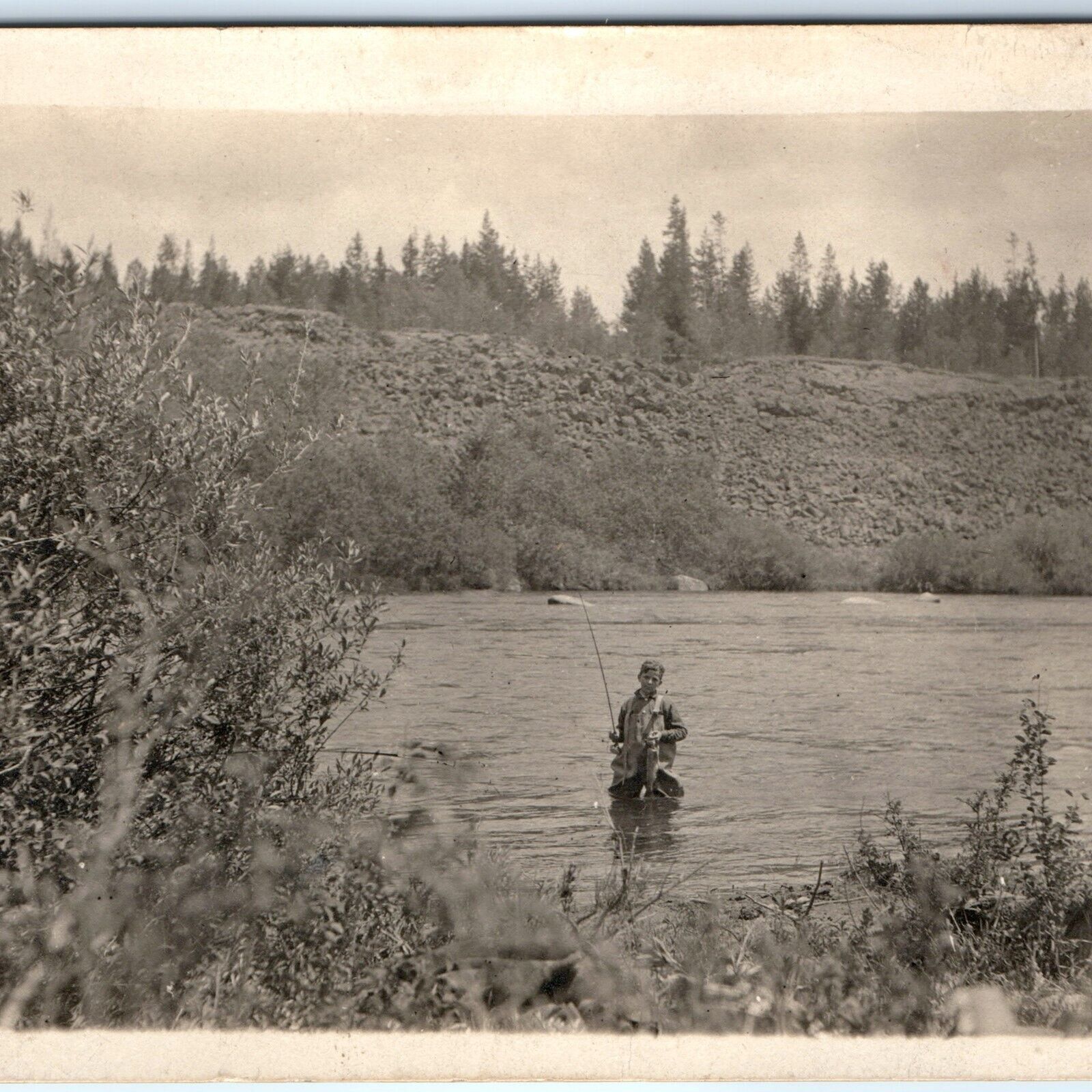 c1910s Young Man Fishing RPPC Boy In River w/ Fish Real Photo Postcard ...