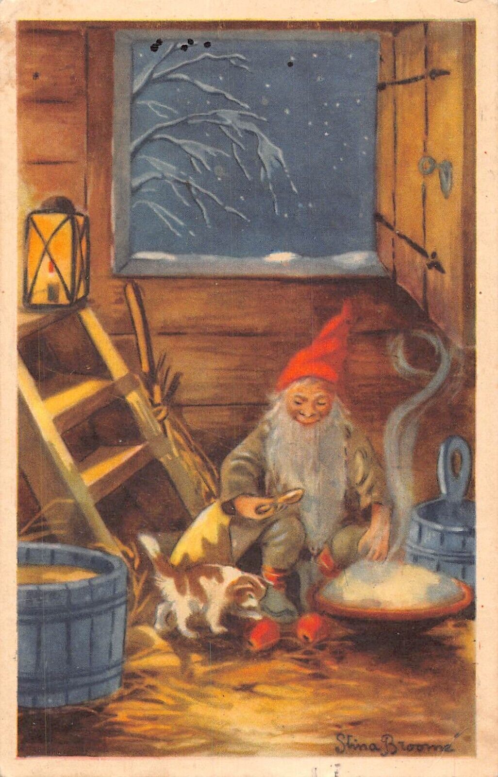 Fantasy Dwarf Making Food in Barn Cat Art signed Stina Broome 1949 ...
