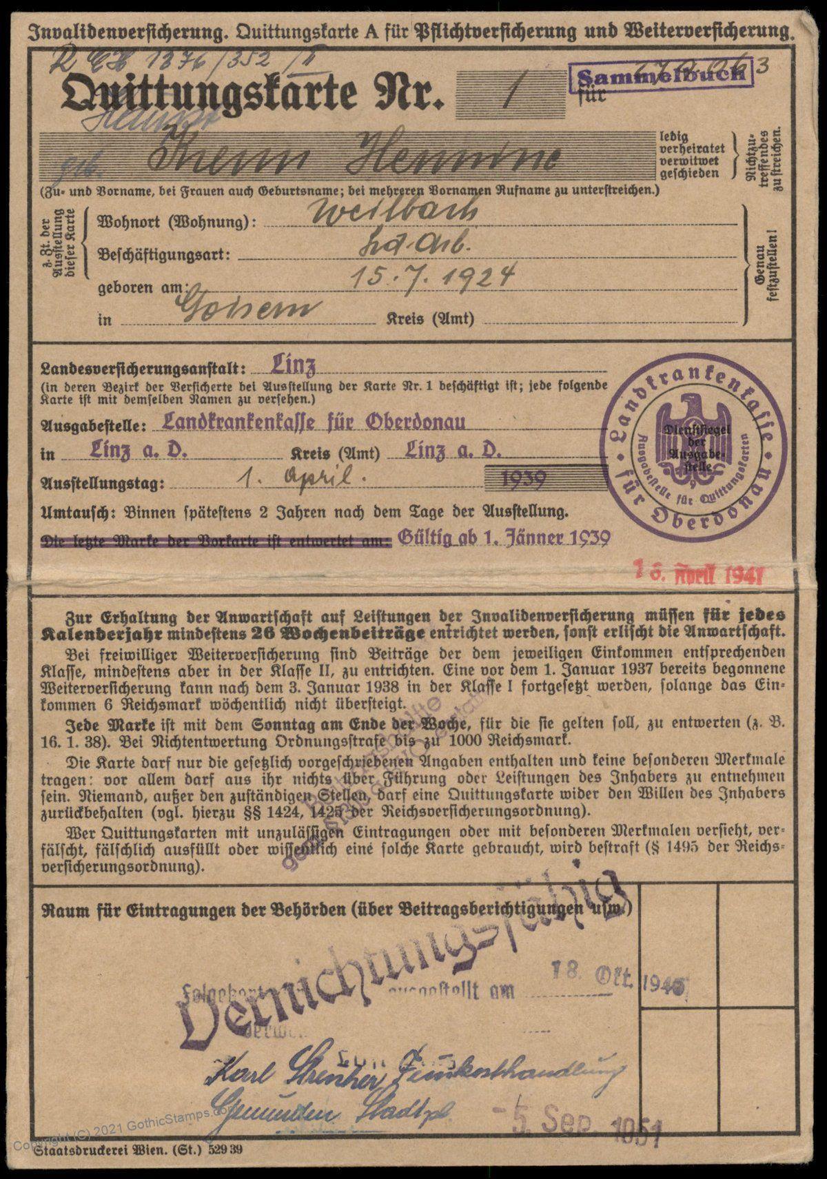 3rd Reich Disability Insurance Card + Revenues G77219 | Europe ...