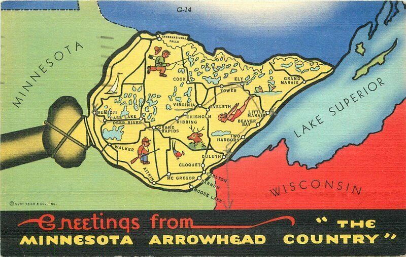 Minnesota Arrowhead County Map St Marie's Gopher Teich Postcard 21-7457 ...