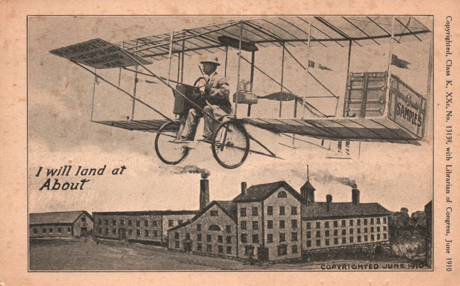 Vintage Postcard 1910 Bi Plane Flown by Salesman with Samples A.H ...
