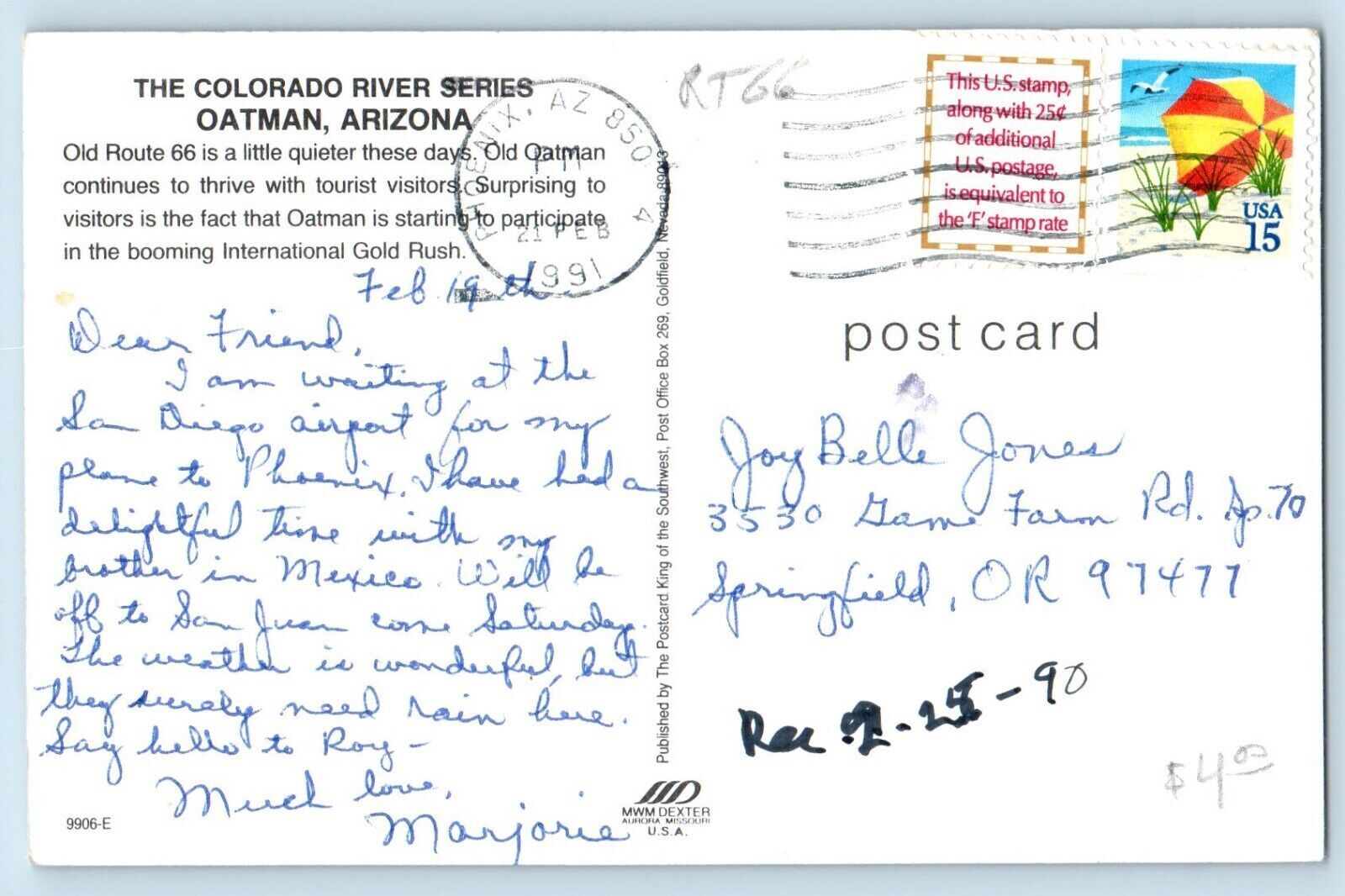 Oatman Arizona AZ Postcard The Colorado River Series Route 66 1991 ...