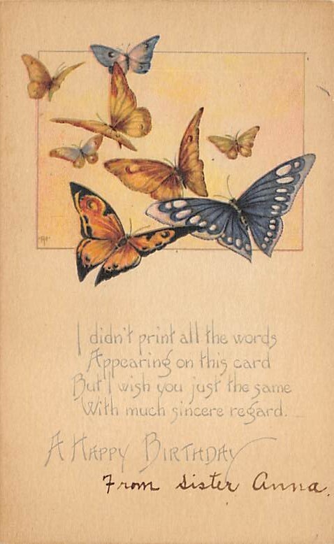 Happy Birthday Butterflies Unused writing on front | Topics - Animals ...