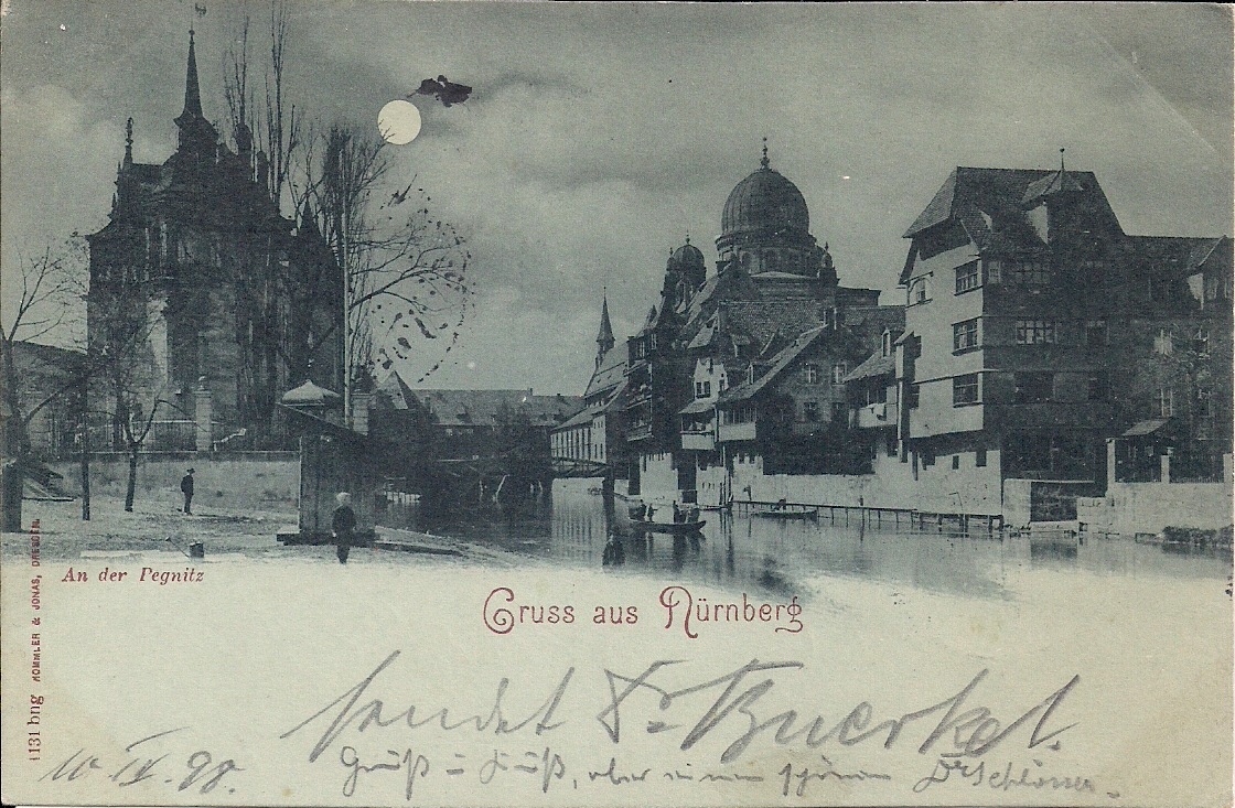 JUDAICA Germany, Nuernberg, Grand Synagogue 1898 Gruss Aus, Moonlight ...
