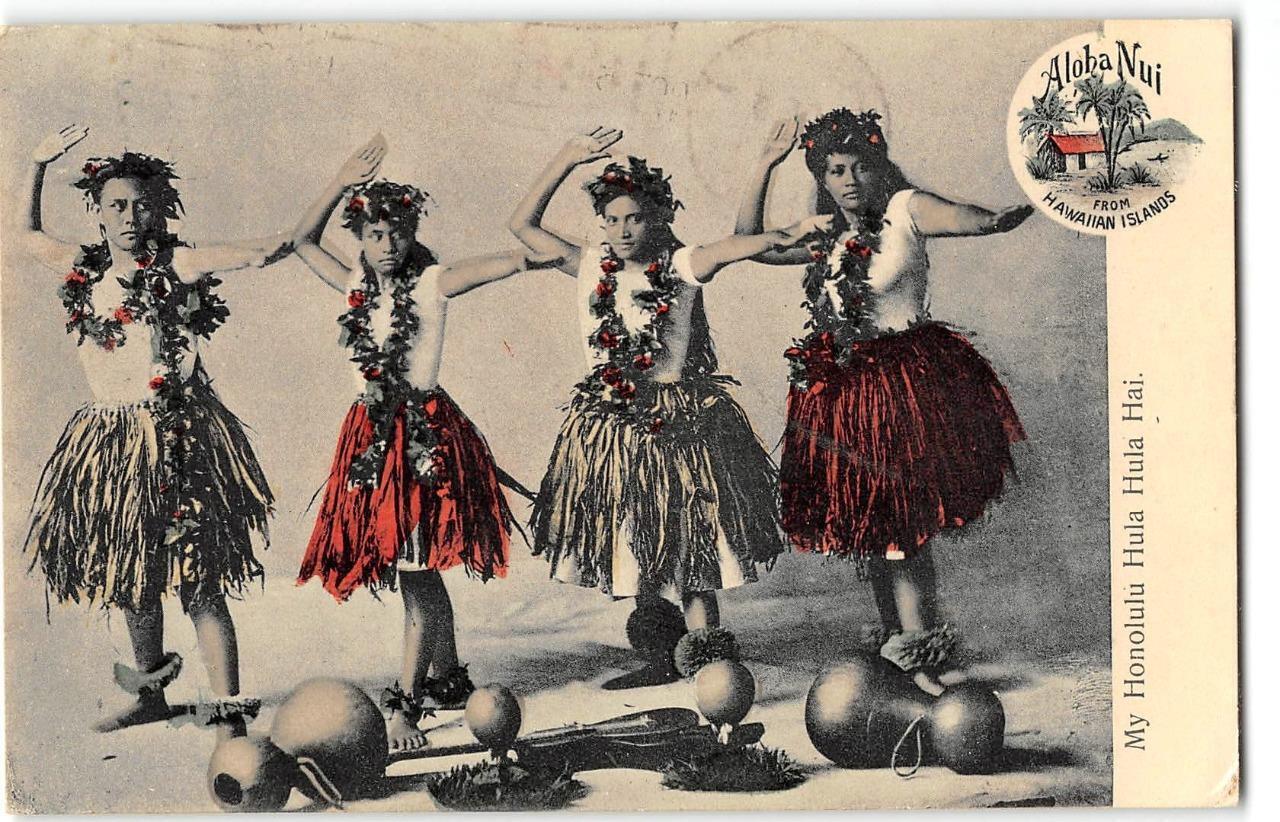 Honolulu Hula Hula Hai Dancing Girls Hawaii Aloha Nui Hand-Colored 1908 ...