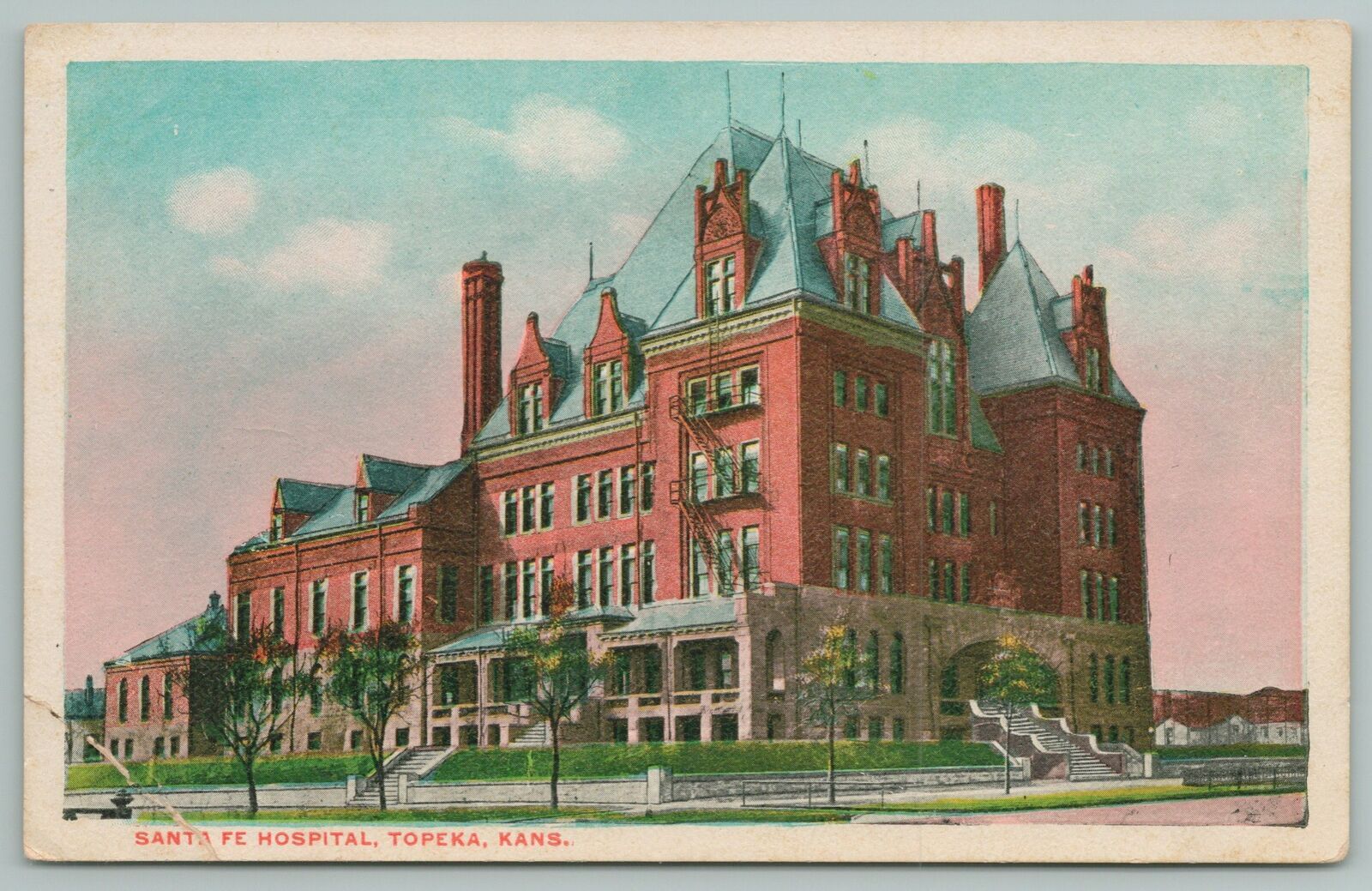 Topeka Kansas~Santa Fe Hospital~1920s Postcard | United States - Kansas ...