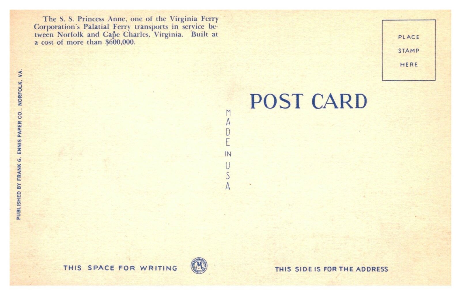 SS Princess Anne Ferry Boat Cape Charles Norfolk Va Postcard A3 ...