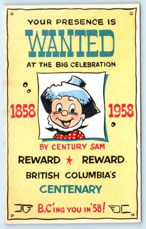 BRITISH COLUMBIA, Canada ~ WANTED POSTER "Century Sam" CENTENARY 1958 ...