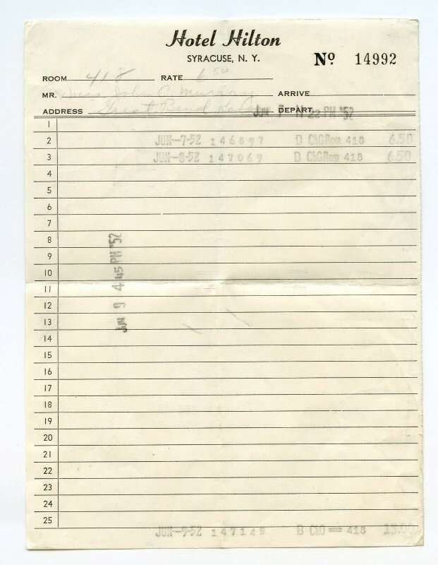 Hotel Hilton Syracuse N. Y. New York Vintage Paper Invoice June 1952 ...