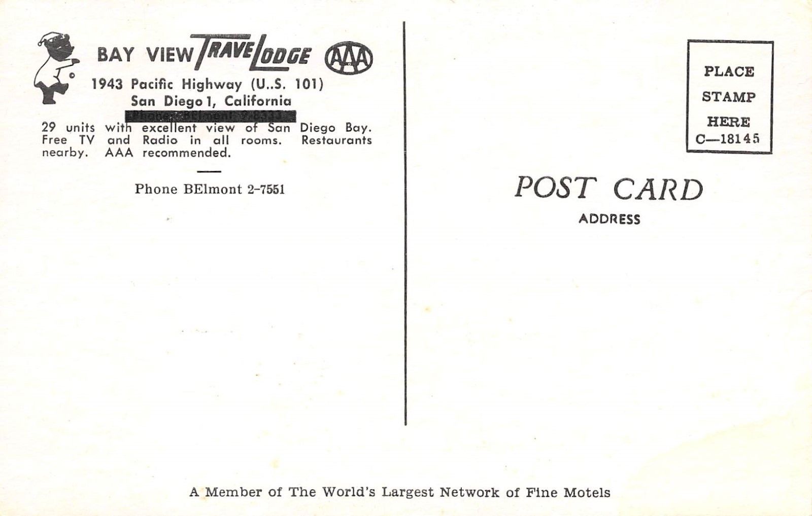 San Diego California 1950s Postcard Bay View Travel Lodge | United ...