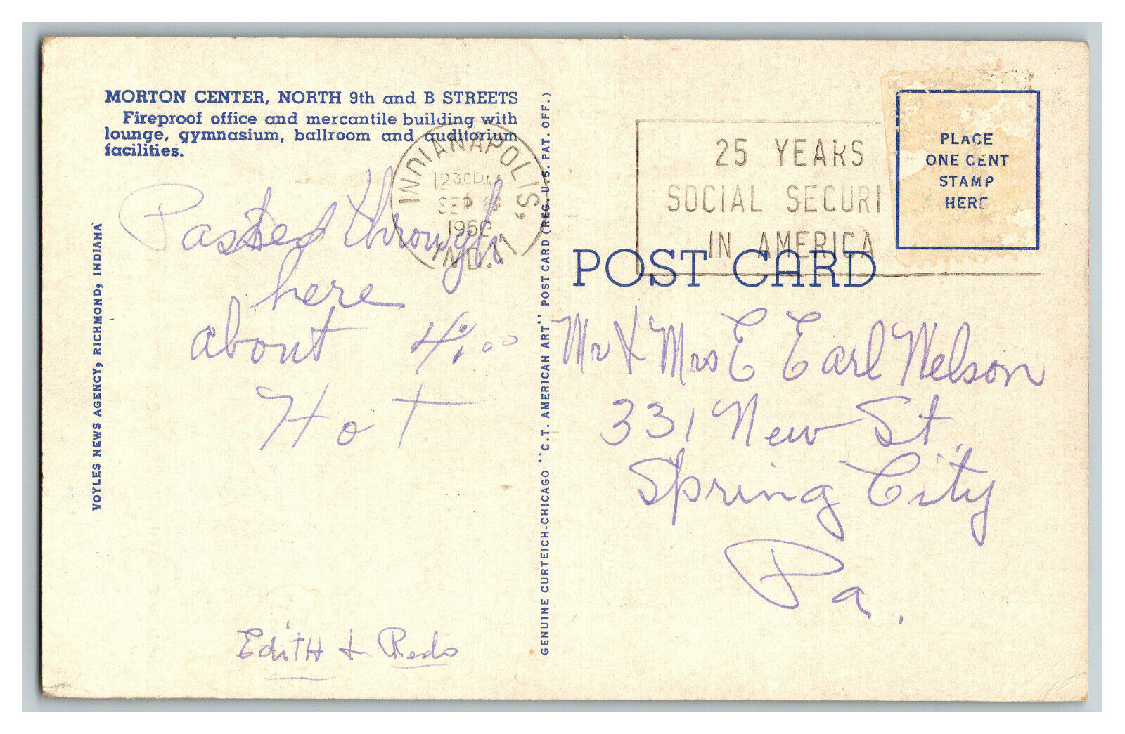 1968 Postcard IN Morton Center Richmond Indiana Vintage Standard View ...