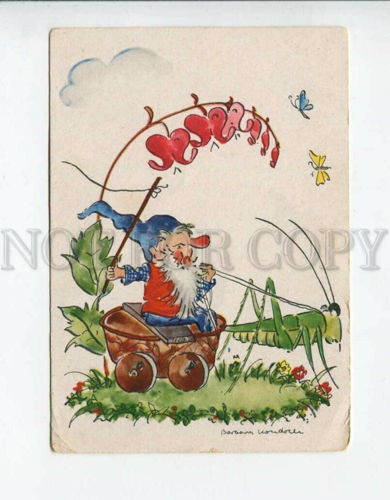 3083543 Funny GNOME Elf on GRASSHOPPER Horse by KONDOCH Vintage ...