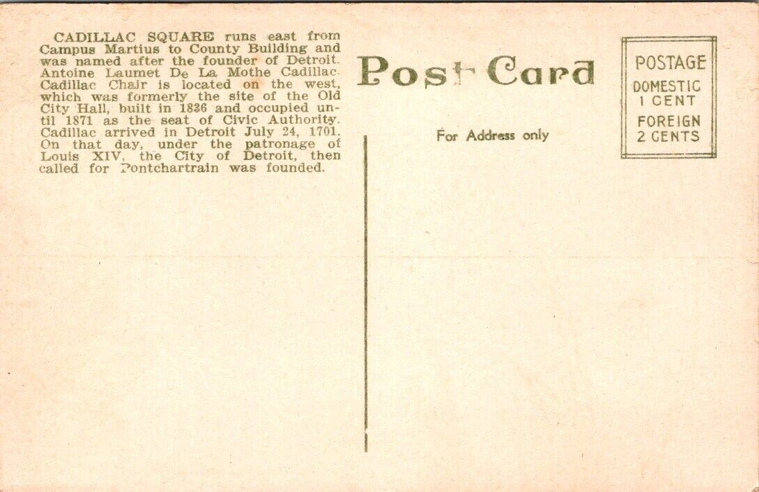 Vintage Michigan Postcard - Detroit - Cadillac Square - City Hall ...