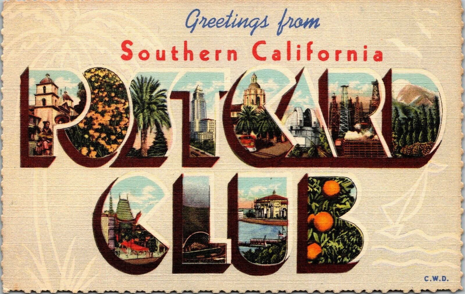 Vtg Southern California CA Postcard Club Large Letter Greetings 1940s ...