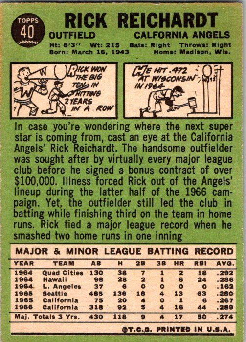 1967 Topps Baseball Card Rick Reichart California Angels sk1915 ...