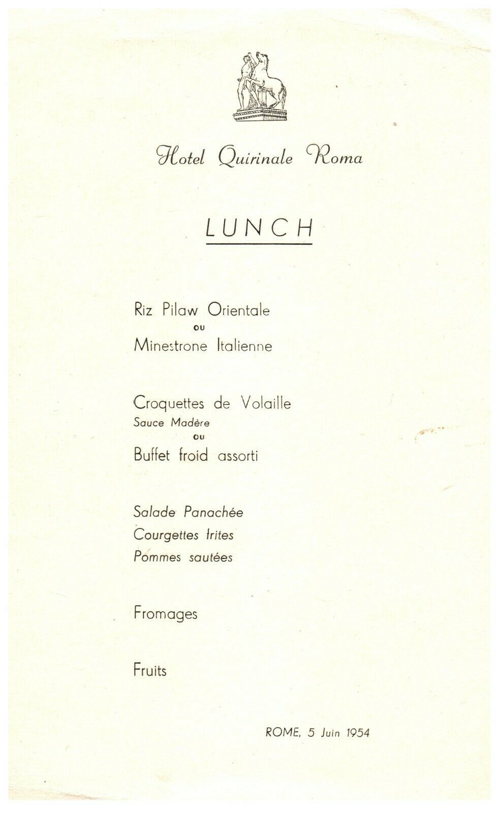 1954 Hotel Quirinale Roma Lunch Menu June 5 | Ephemera - Menus ...