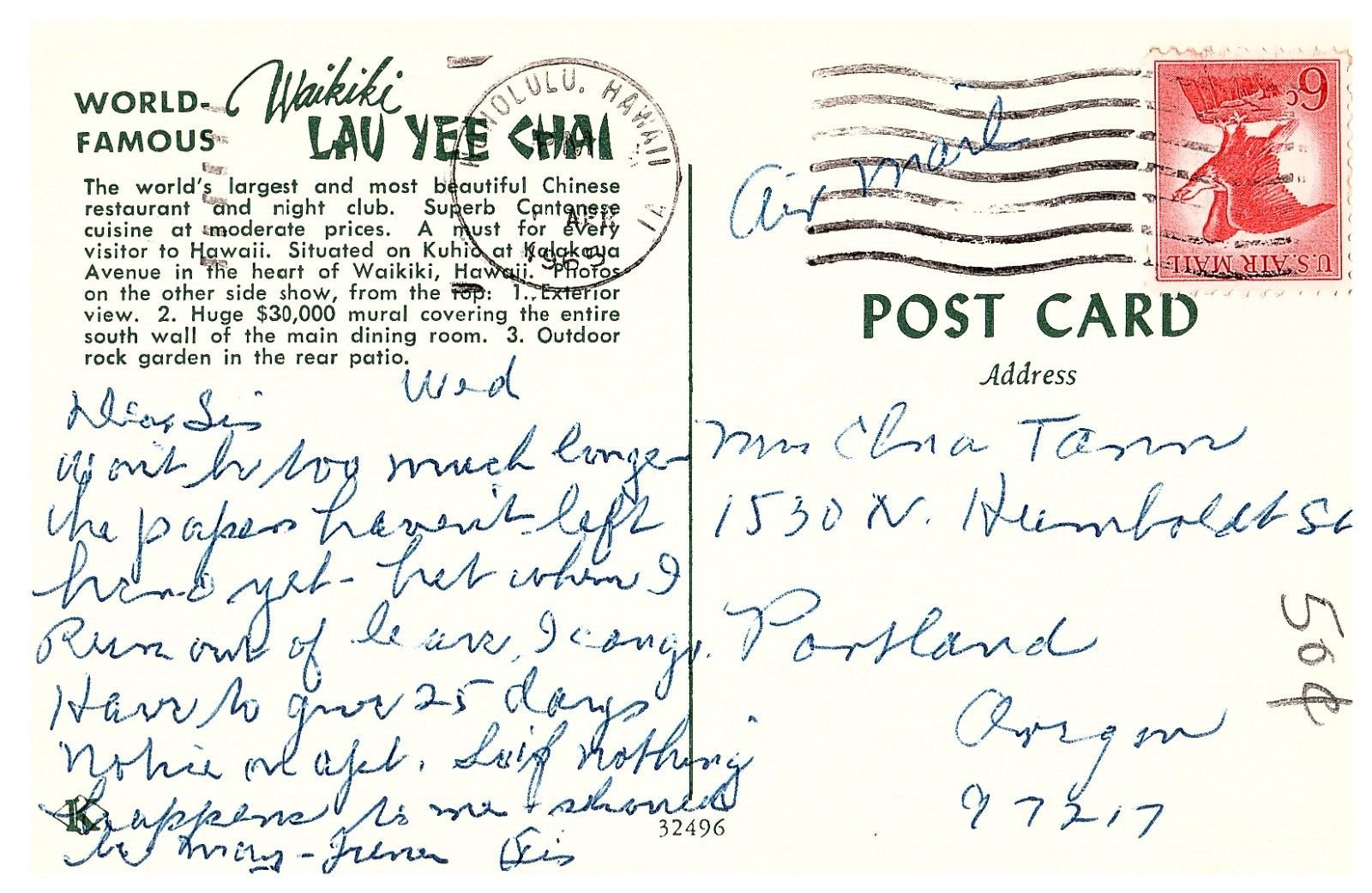 Lau Yee Chai Famous Chinese Restaurant Hawaii HI Waikiki Postcard 1965 ...