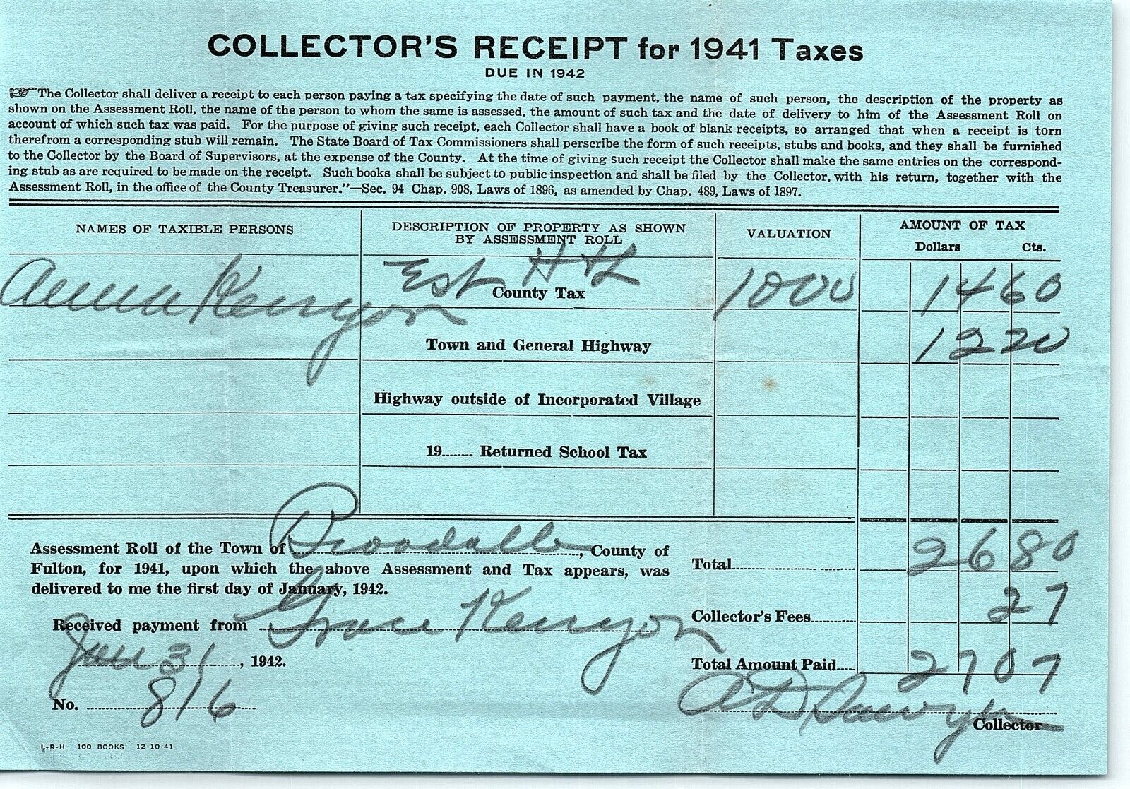 1941 Fulton County Collector's Receipt for 1941 Taxes Billhead Invoice ...
