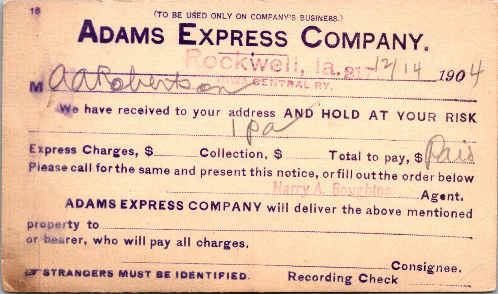 Postcard 1904 Adams Express Company Rockwell, Iowa Central Railroad ...