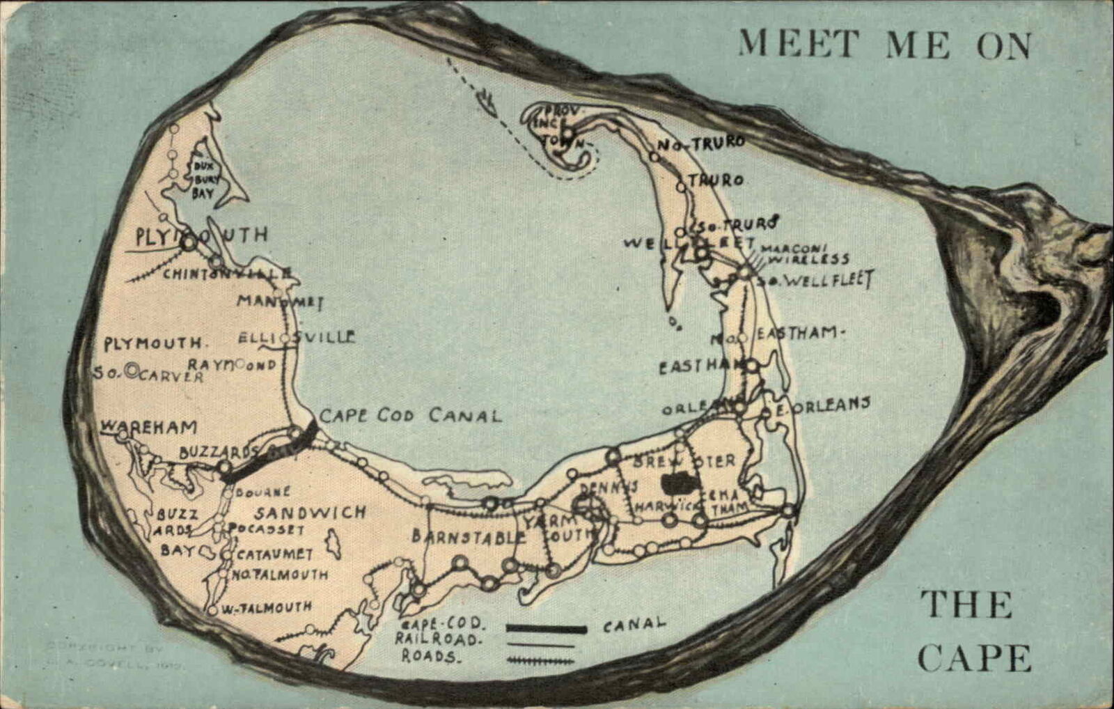Cape Cod Massachusetts MA Road & Railroad Map Clam Shell Border c1900s ...
