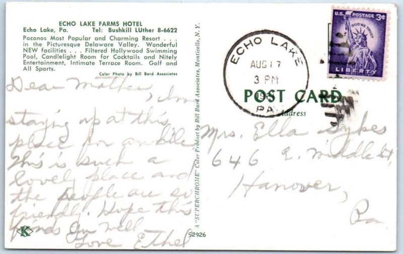 ECHO LAKE, Pennsylvania PA ECHO LAKE FARMS HOTEL Swimming Pool 1961 ...