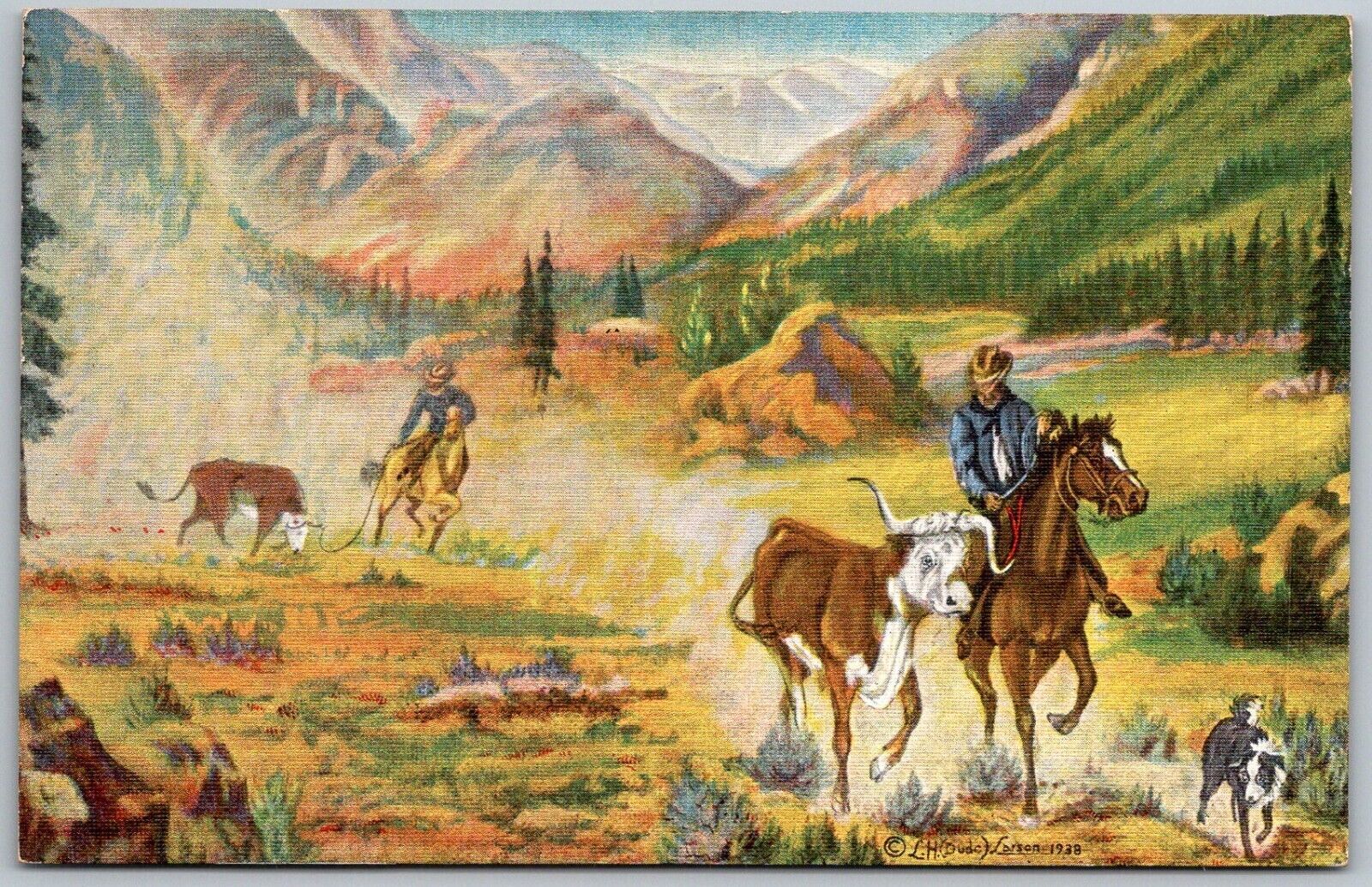 Cowboy Roping Steer by L.H. Dude Larsen 1939 Western Postcard | Other ...