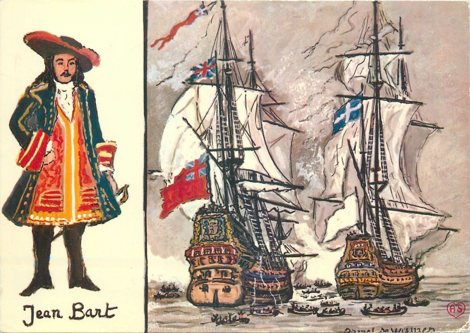 Souvenir Postcard Jean Bart double mast sailing ships art illustration ...