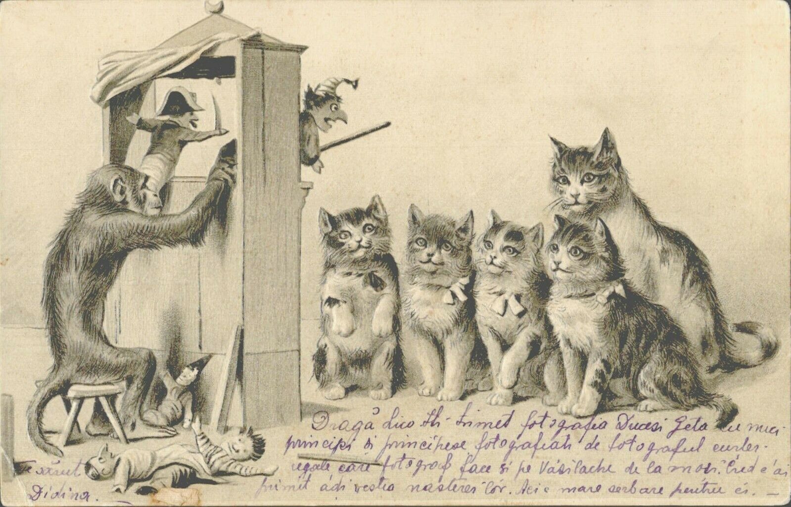 CIP0062 comics humanized animals puppet theatre cats and monkey ...