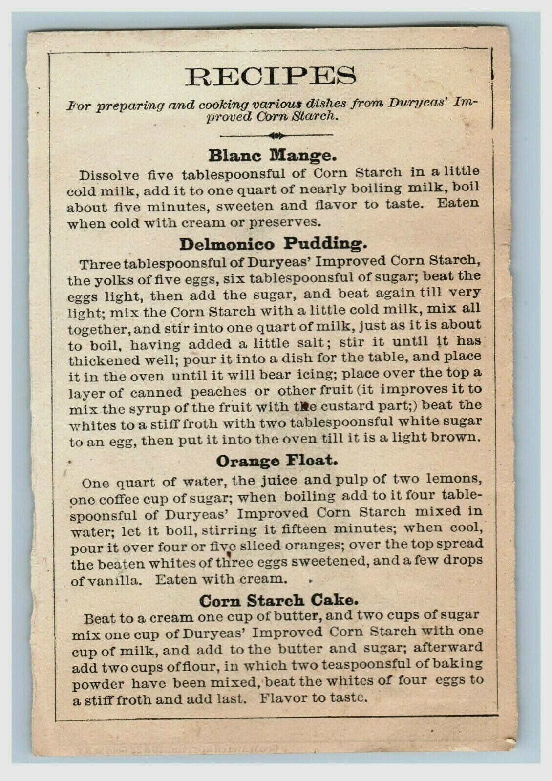 1870's Folder Card Duryea's Corn Starch Factory Scene Recipes Orange ...