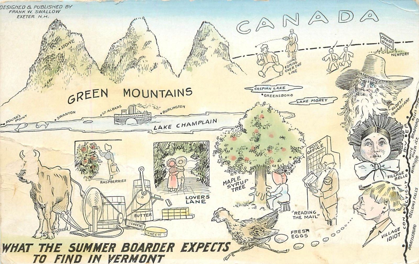 Vintage Postcard Comic Illustrated Map w/ Stereotypes of Vermont ...