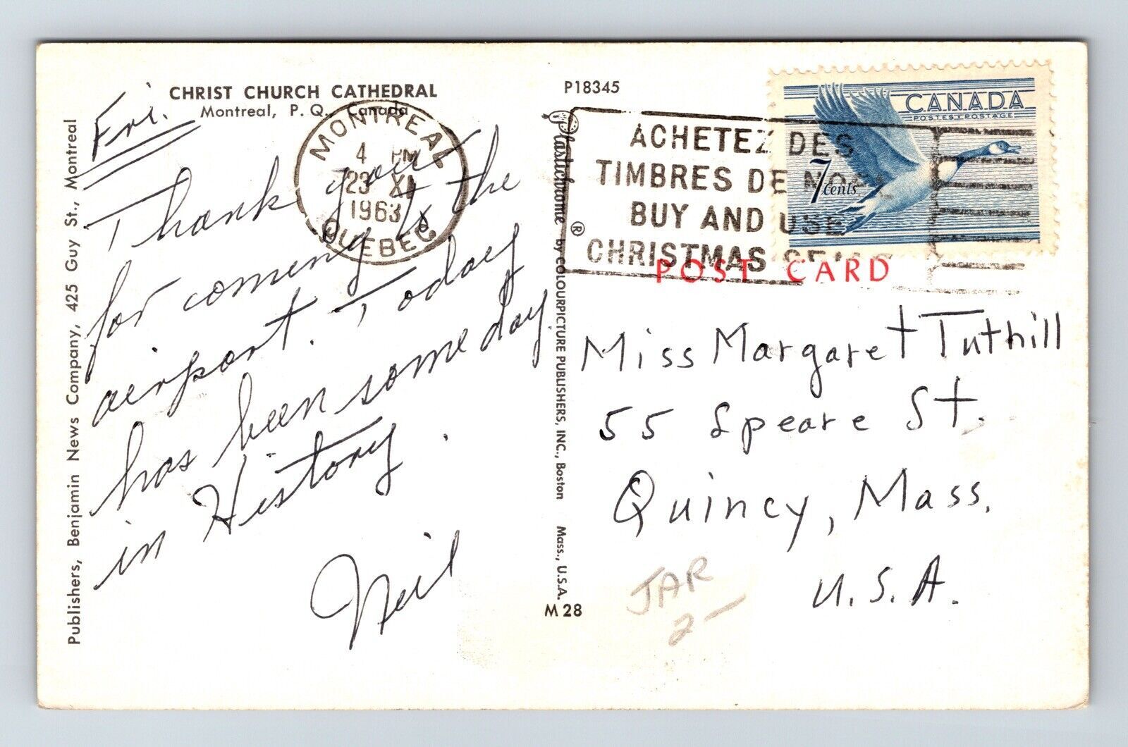 Christ Church Cathedral Street View Clock Tower Cancel 1963 Montreal ...