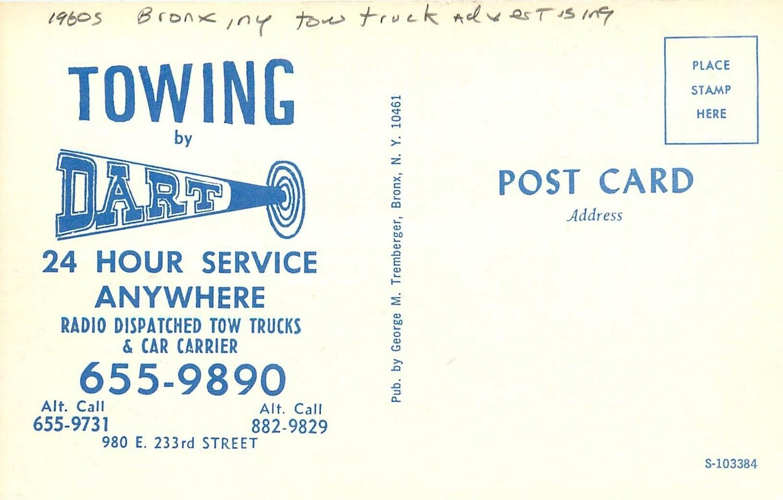 Postcard 1960s New Bronx Tow Truck Advertising Dart towing Tremberger ...