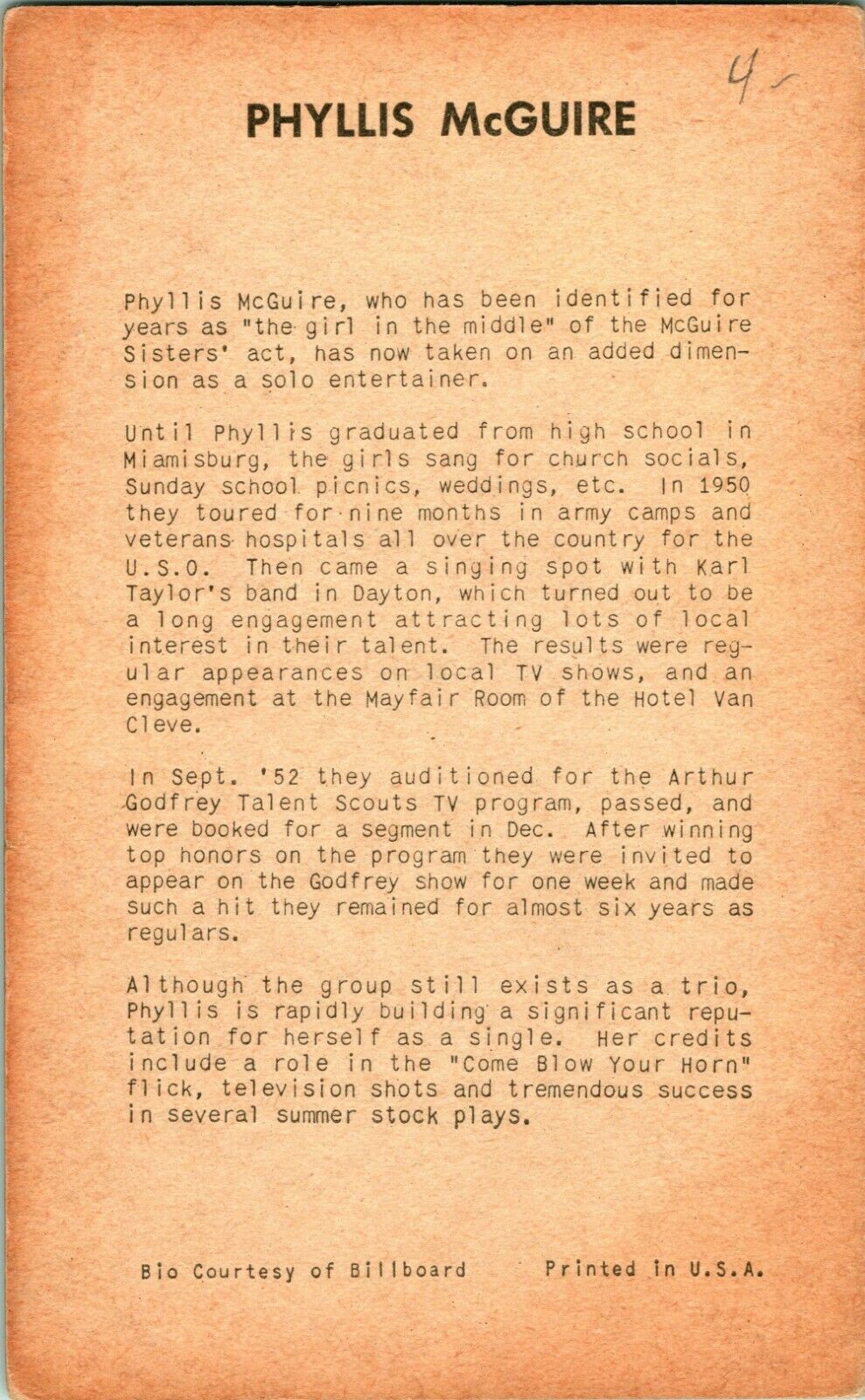 1960s Billboard Music Women Singer Arcade Card Phillis McGuire McGurie ...