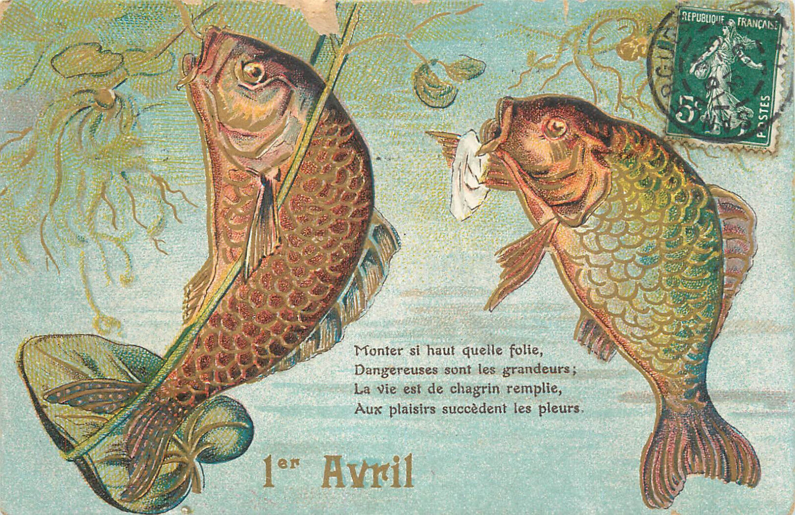 April Fools' Day 1909 embossed humanized fishes caricature greetings ...